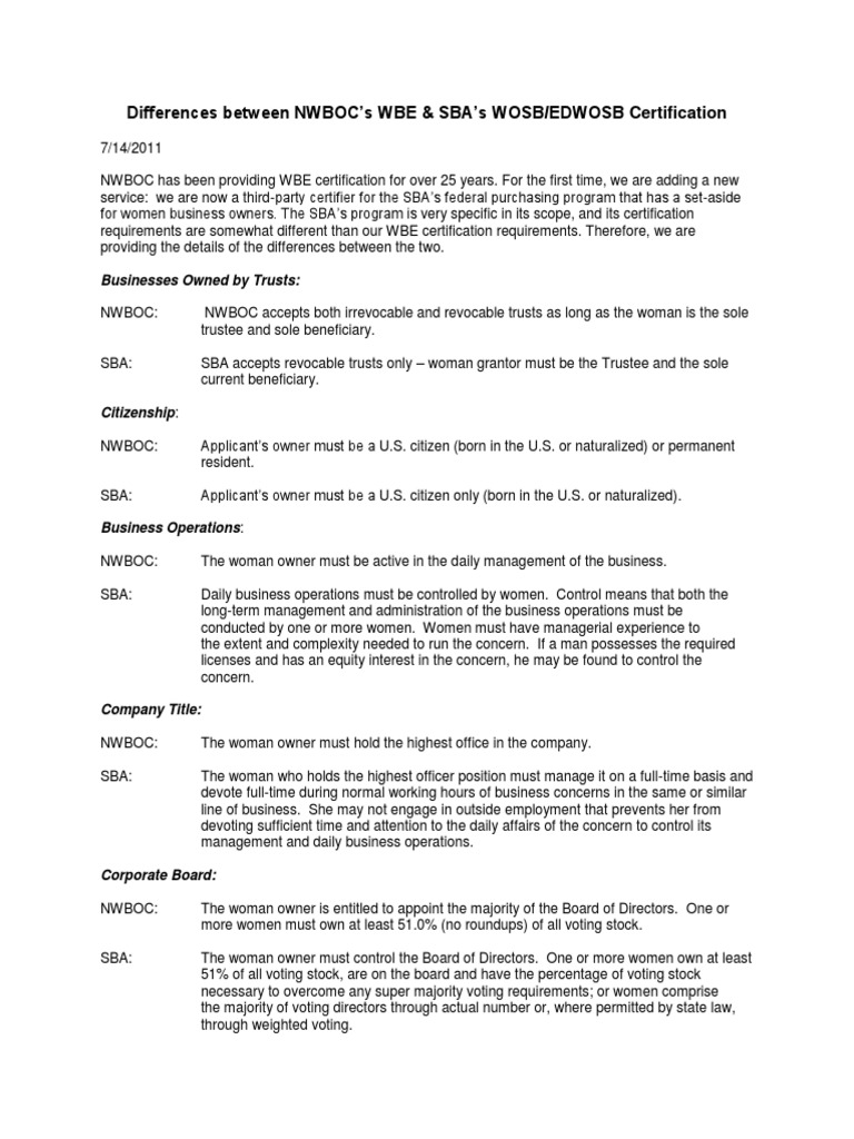 Differences Between NWBOC's WBE & SBA's WOSB/EDWOSB Certification | PDF ...