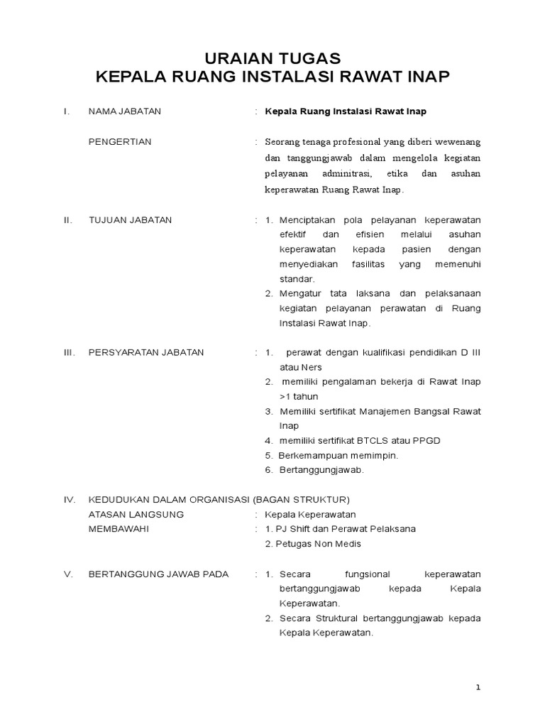 Uraian Tugas Kepala Ruang Irna Fix | PDF