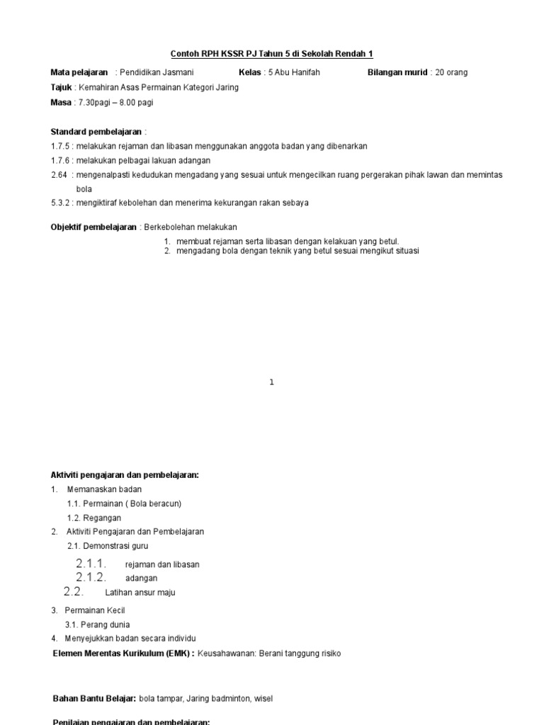 Contoh RPH KSSR PJ Tahun 5 Di Sekolah Rendah Kumpulan 2 | PDF | Karier ...