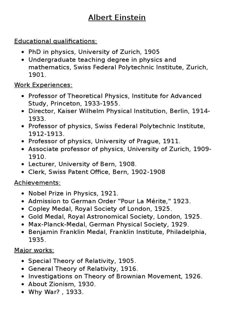 Albert Einstein Resume | PDF | Albert Einstein | Academia