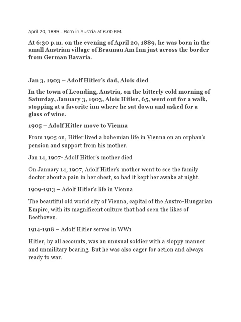 Adolf Hitler: Key Life Events Timeline | PDF | Travel | History
