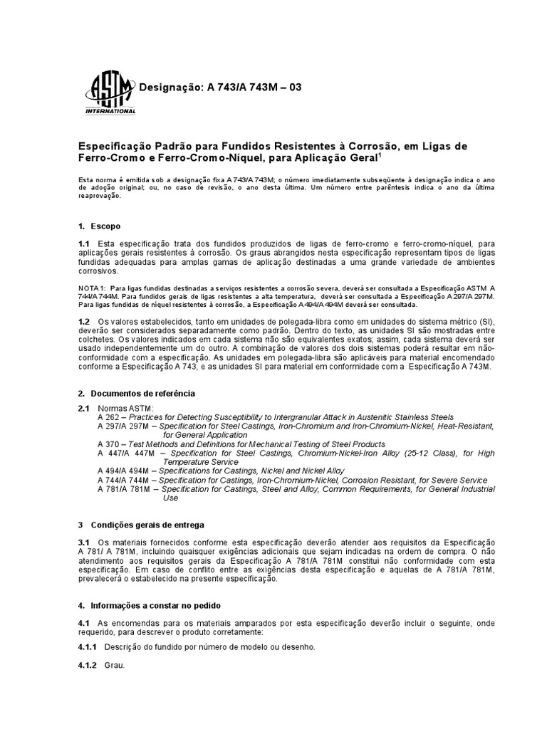 ASTM A 743 & A 743M (2003) | PDF | Dureza | Molibdênio