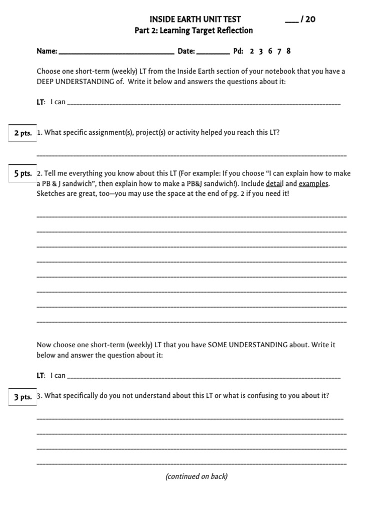 Inside Earth Unit Test - / Part 2: Learning Target Reflection | PDF ...
