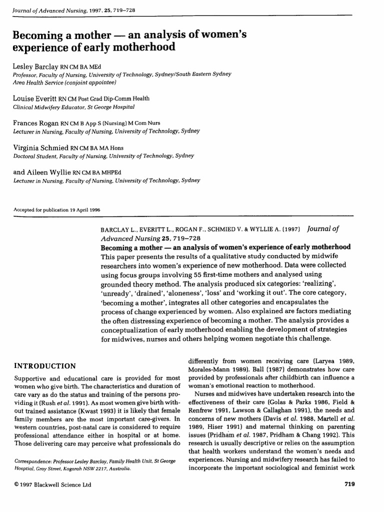 Becoming A Mother - An Analysis of Women's Experience of Early ...