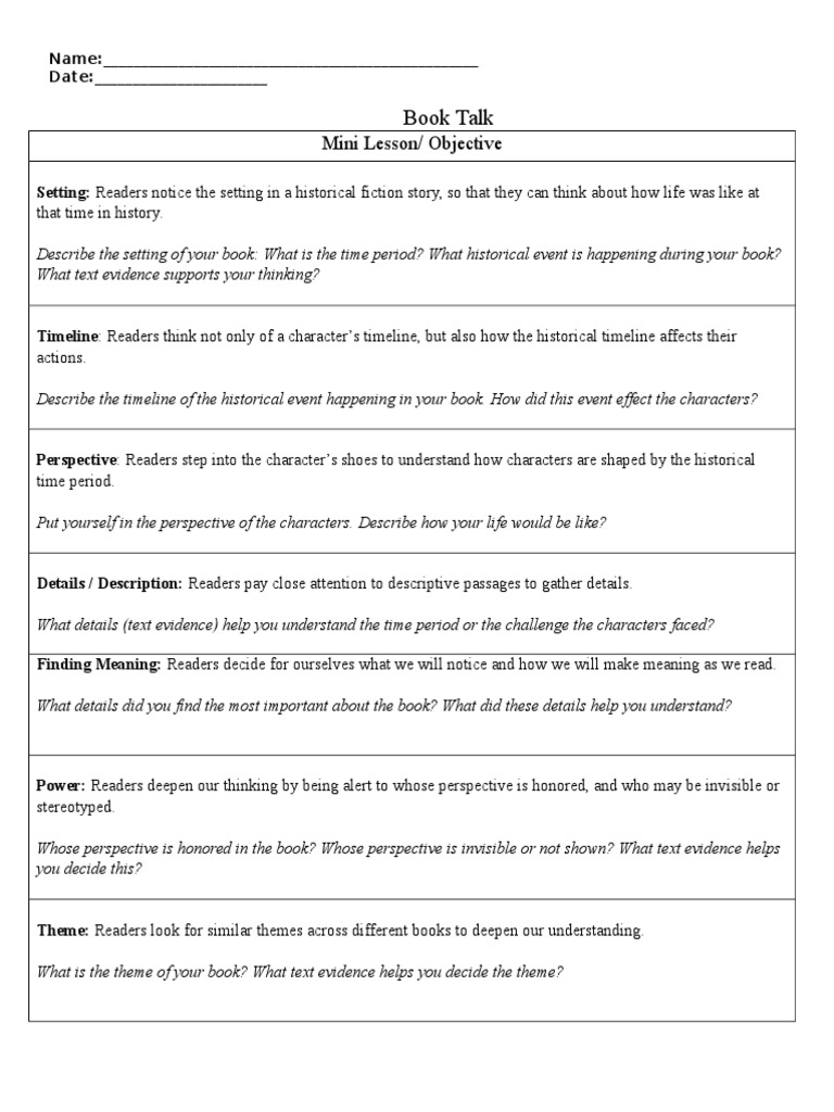 Historical Fiction Book Talk Guide | PDF | General Fiction