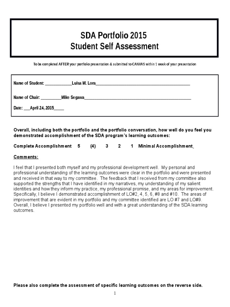 2015 Portfolio Student Self Assessment | PDF | Educational Assessment ...