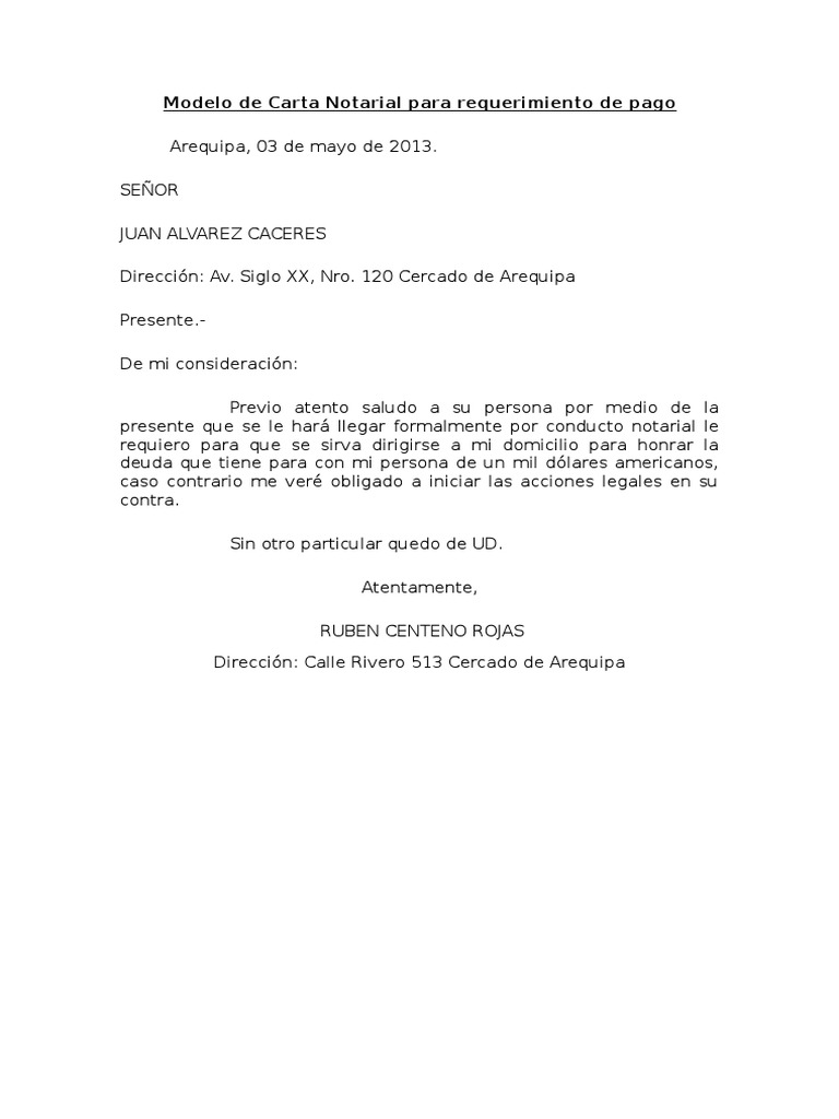 Modelo de Carta Notarial para Requerimiento de Pago | PDF