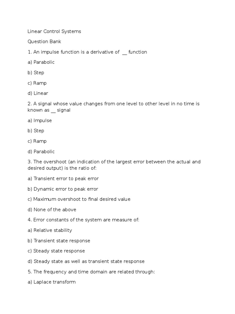 Linear Control Systems Quiz | PDF | Control Theory | Laplace Transform