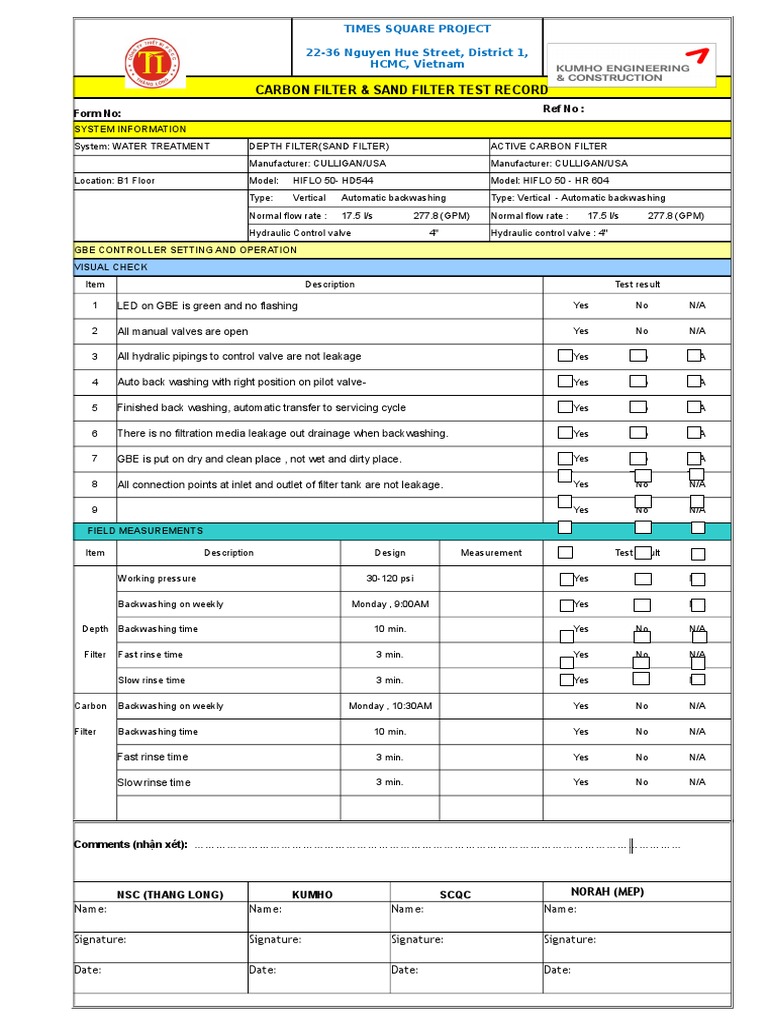 Water Treatment System Test Records | PDF | Filtration | Valve