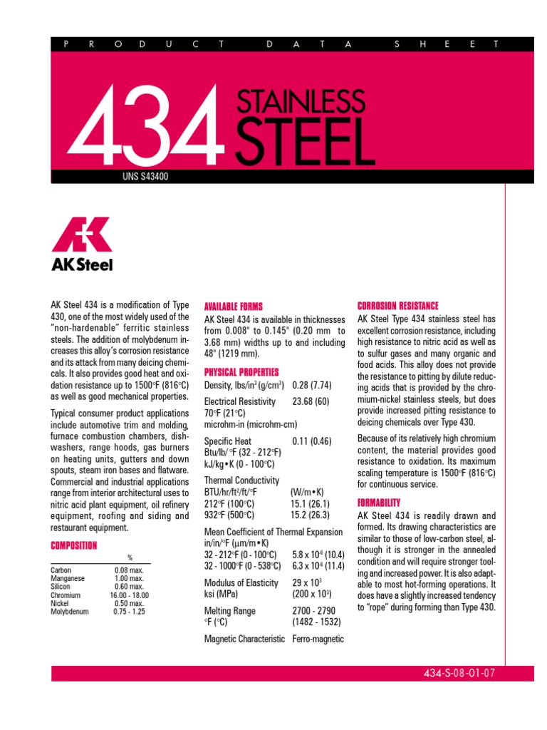434 Data Sheet | PDF | Stainless Steel | Steel