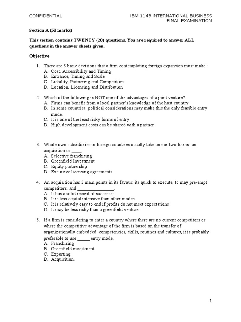 International Business Exam - SET1 | PDF | Joint Venture | Mergers And ...