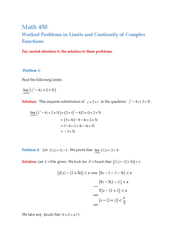 Worked Problems On Limits, Continuity and Branches of Complex Functions | PDF | Continuous ...