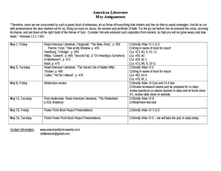 May Assignments for American Literature | PDF