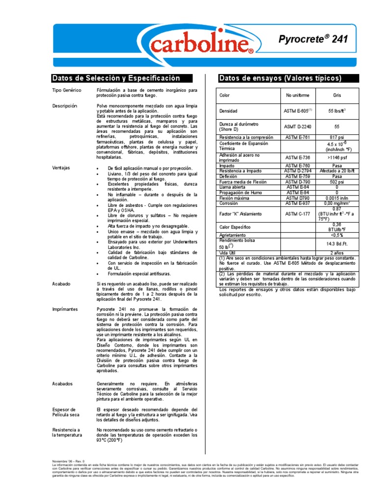 Hoja Tecnica Pyrocrete 241 | PDF | Papel | Agua
