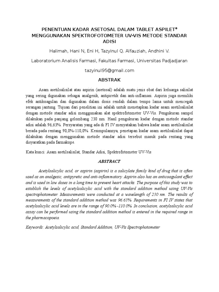 Penentuan Kadar Asetosal Dalam Tablet Aspilet | PDF
