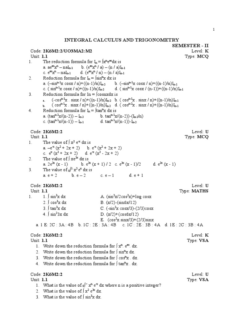 Reduction Formulas and Integrals Involving Trigonometric, Exponential ...