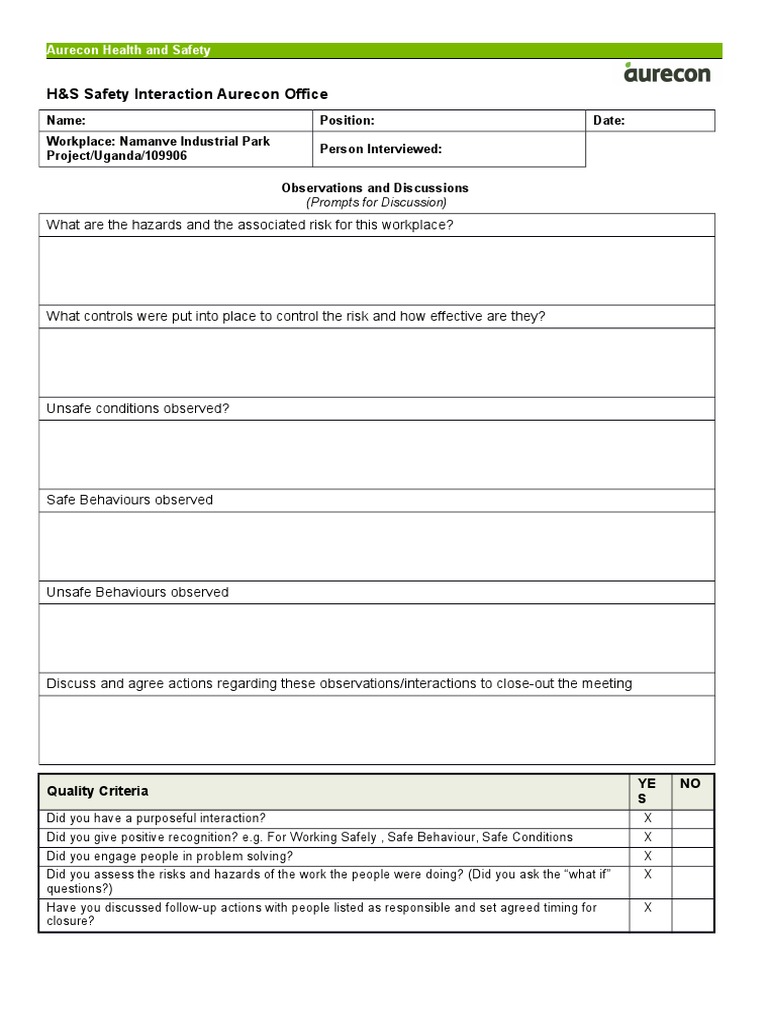 Aurecon Health and Safety Interaction Form | PDF | Occupational Safety ...