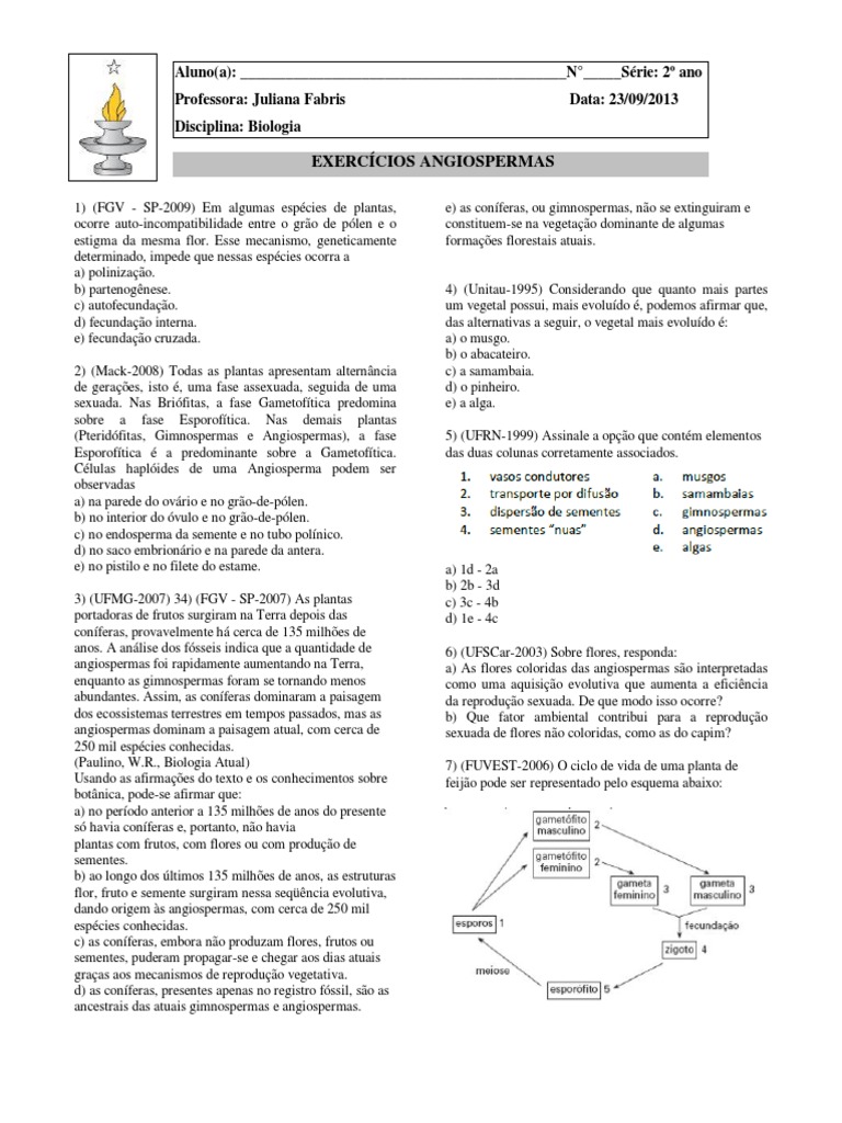 Lista Exercícios 2o Ano - Angiospermas | PDF | Semente | Flores