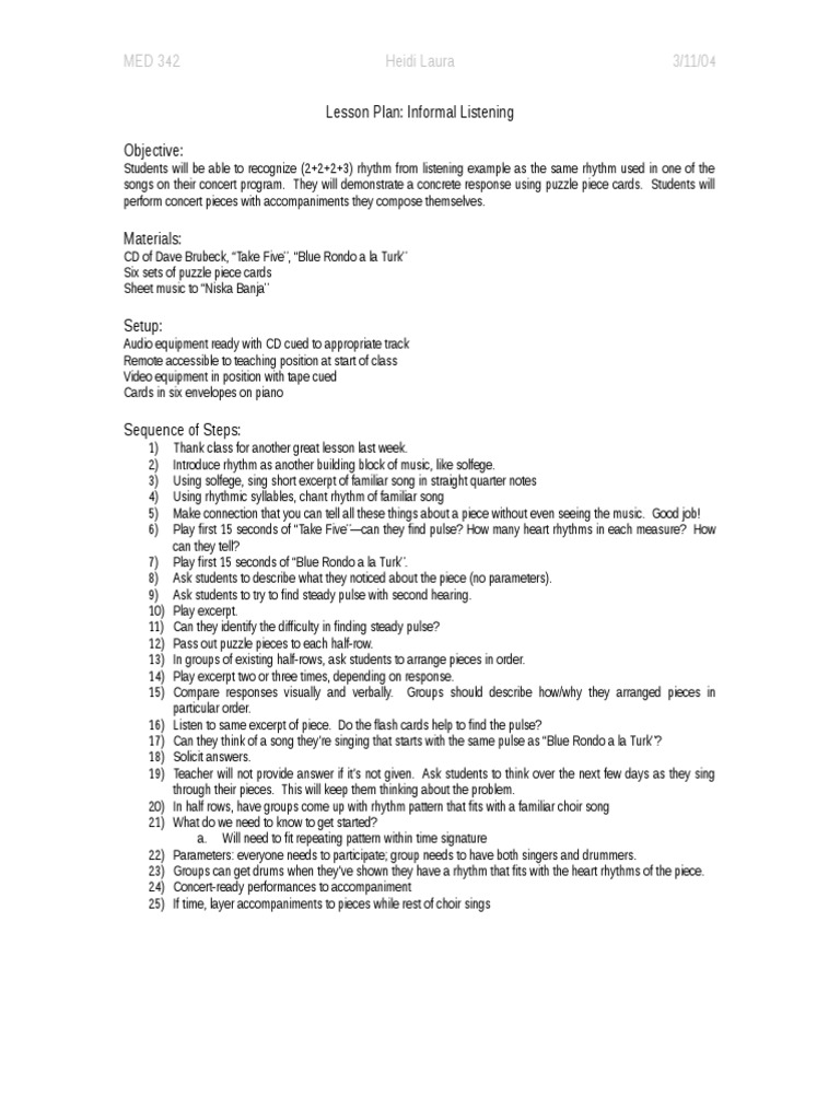 Lesson Plan | PDF | Rhythm | Singing