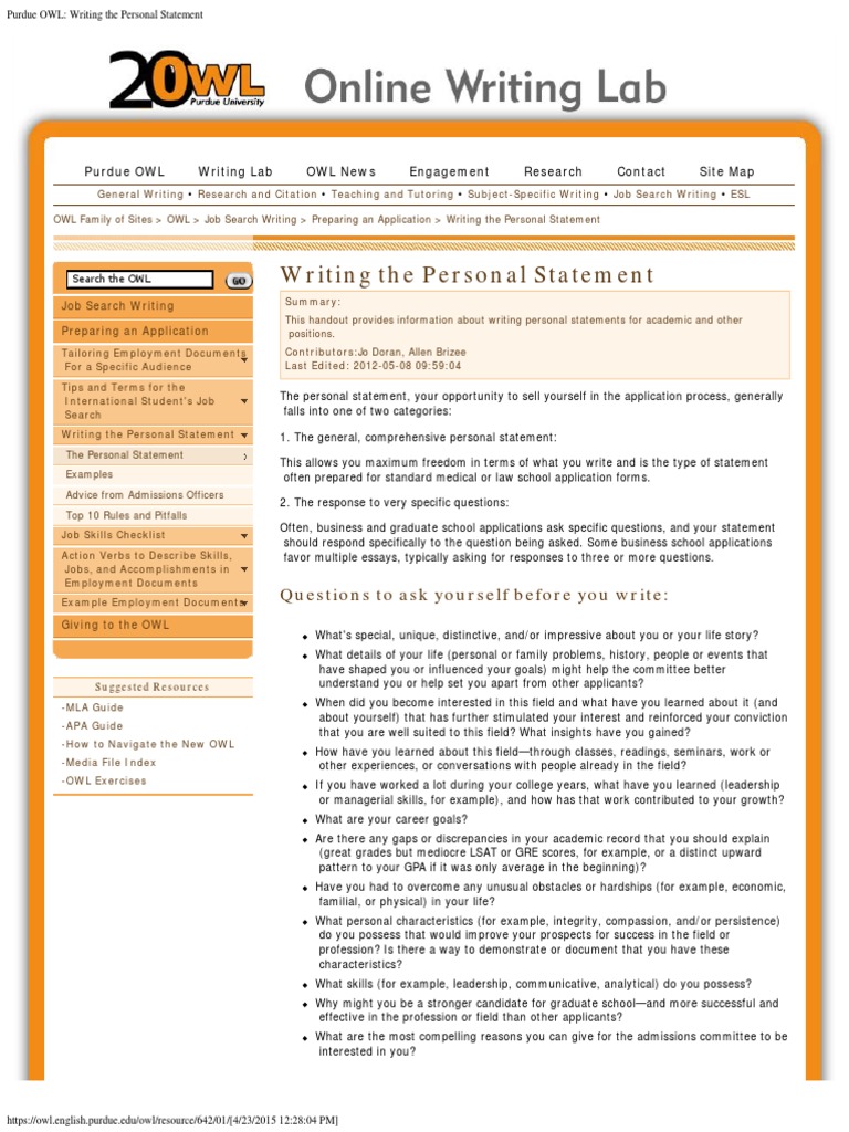 Purdue OWL Writing The Personal Statement | PDF | Graduate School | Essays
