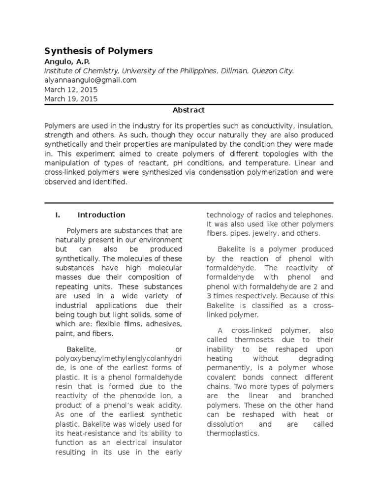 Synthesis of Polymers | PDF | Cross Link | Polymers
