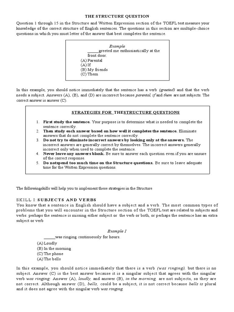 TOEFL Structure Tips | PDF | Verb | Subject (Grammar)