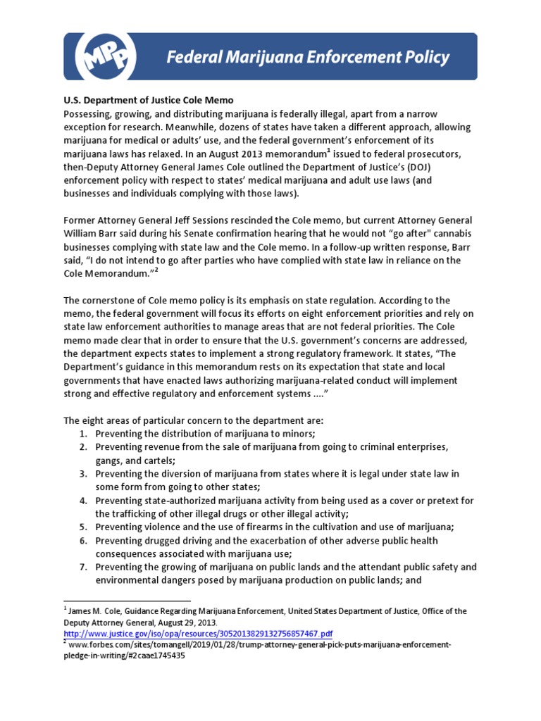 Cole Memo: Federal Marijuana Policy Overview | PDF | Government Of The ...