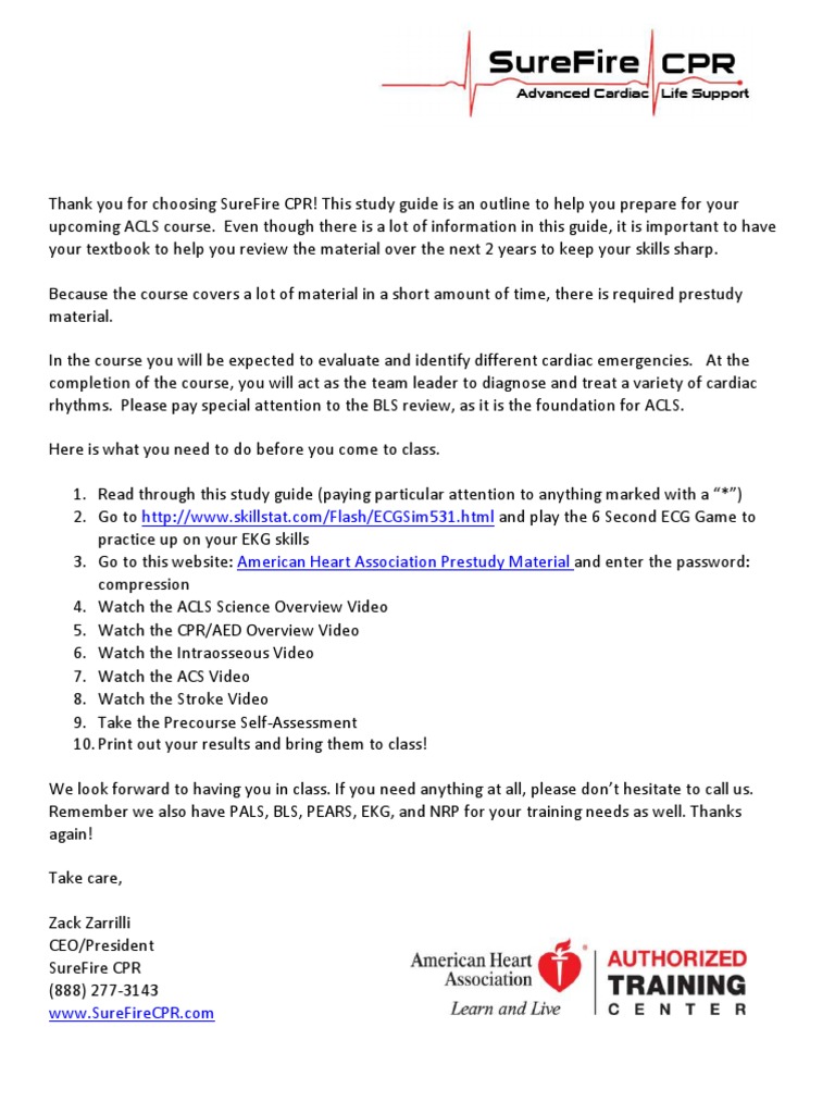 CPR ACLS Study Guide | PDF | Cardiopulmonary Resuscitation | Medical ...