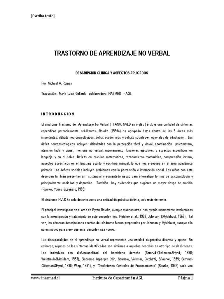 Trastorno de Aprendizaje No Verbal TANV | PDF | Cociente de inteligencia | Adultos