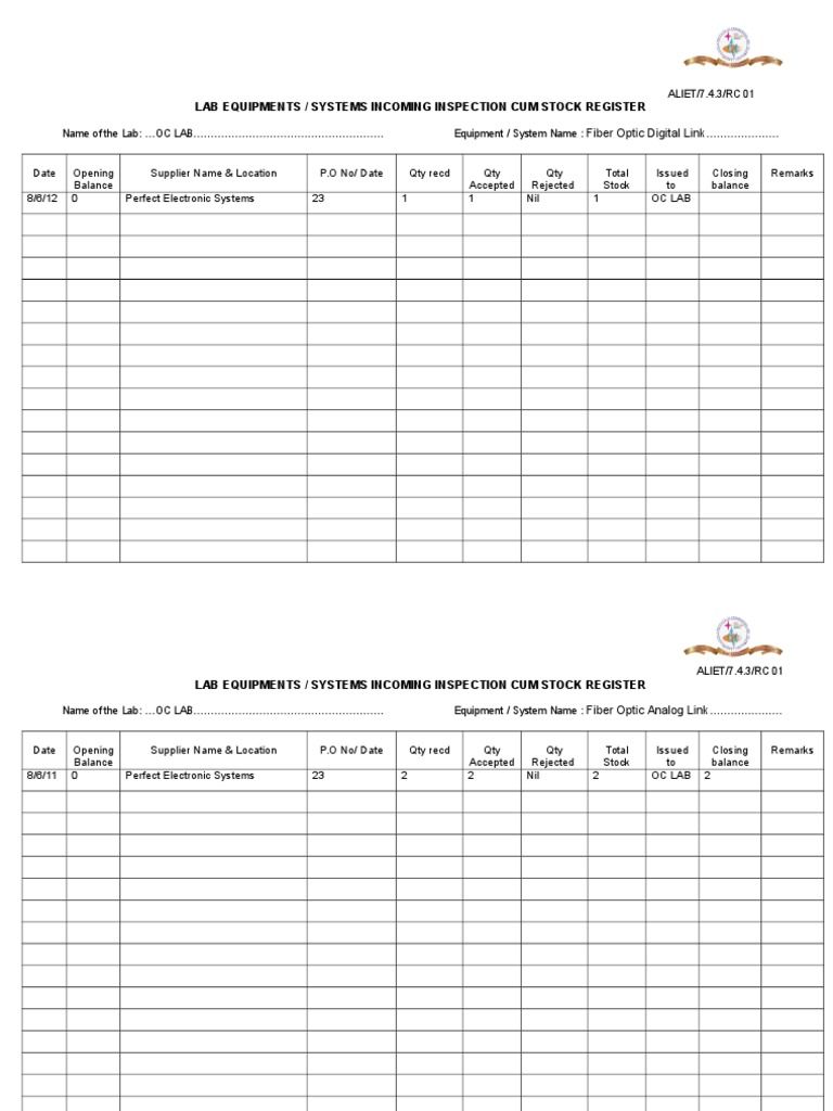 Lab Equipments / Systems Incoming Inspection Cum Stock Register | PDF ...