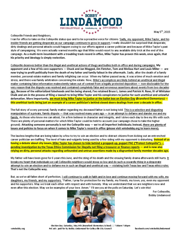 Bobby Lindamood Statement On Personal Attacks | PDF | Defamation | Justice