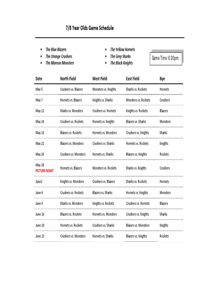 7-8 Year Olds Soccer Game Schedule | PDF