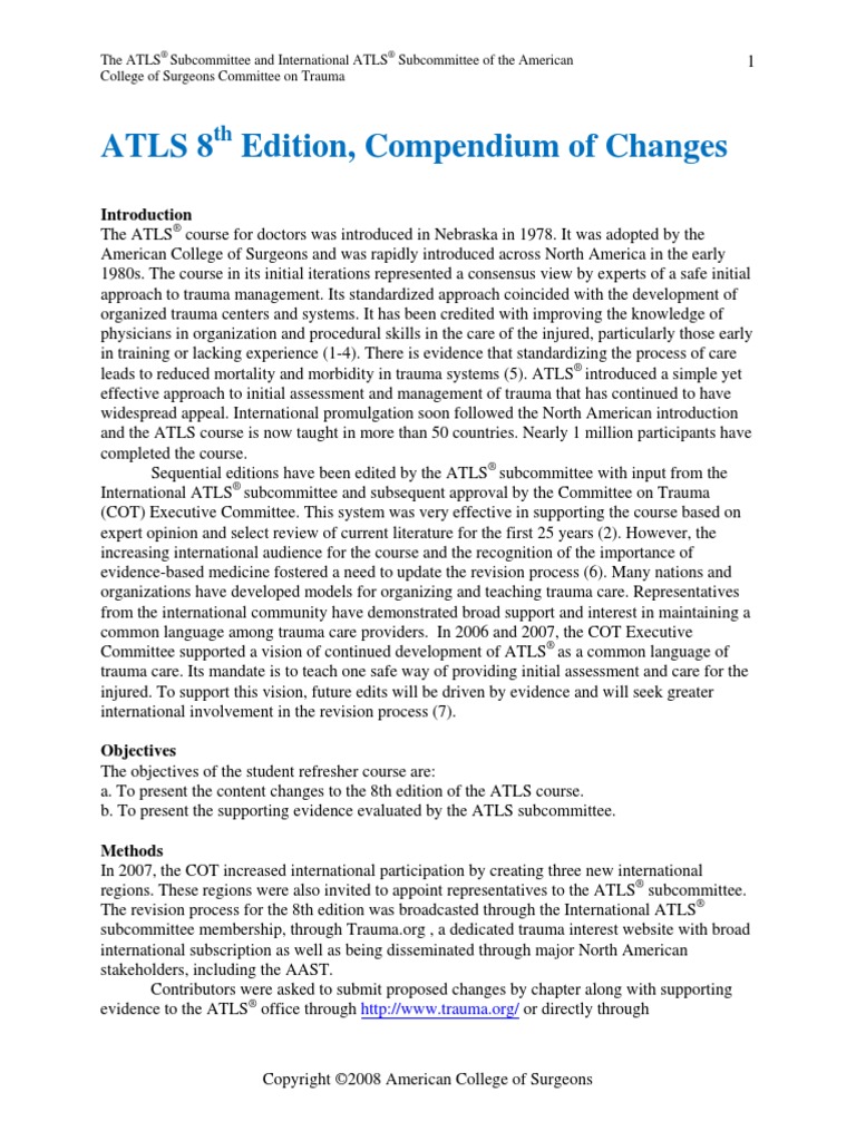 ATLS 8th, Compendium of Changes PDF | PDF | Major Trauma | Medicine