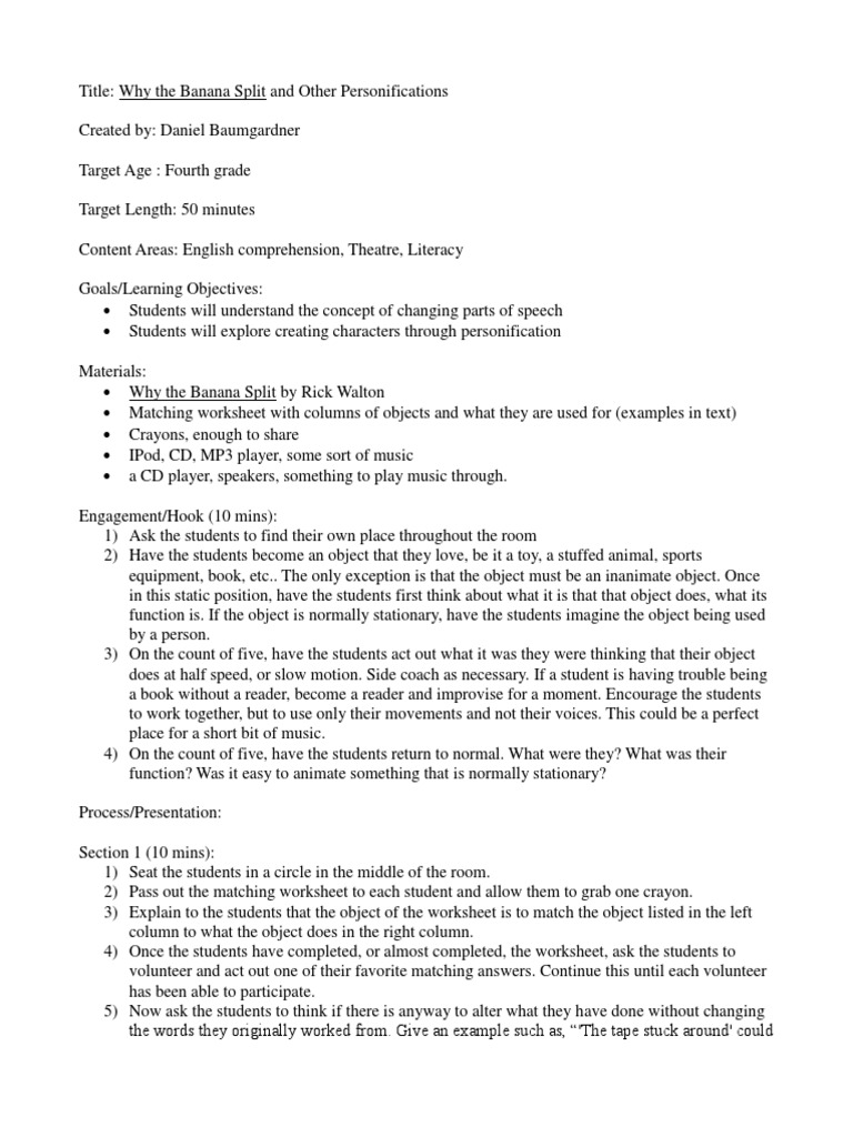 Personification Lesson Plan for 4th Grade | PDF | Anthropomorphism ...