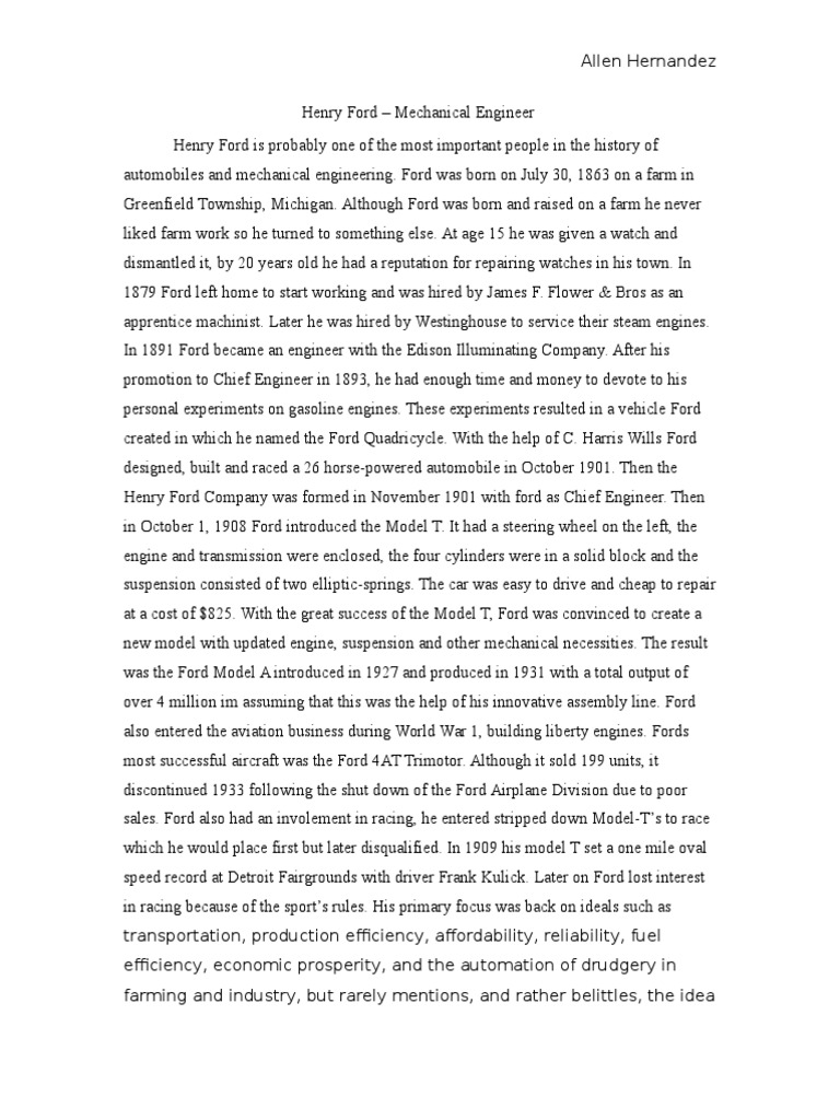 Henry Ford - Mechanical Engineer | PDF | Ford Motor Company ...