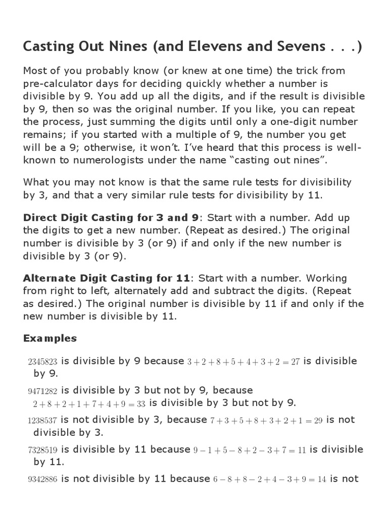 Casting Out Nines and Elevens and Sevens... | PDF | Mathematical Notation | Numbers