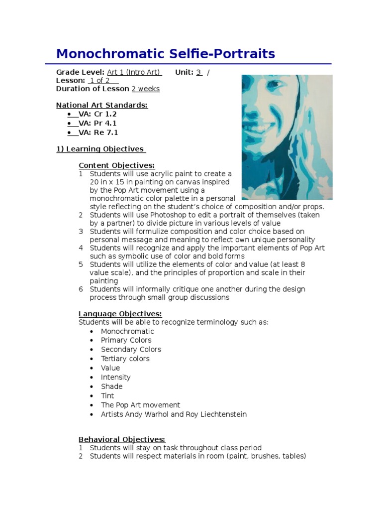 Monochromatic Portrait Lesson | PDF | Educational Assessment | Paintings