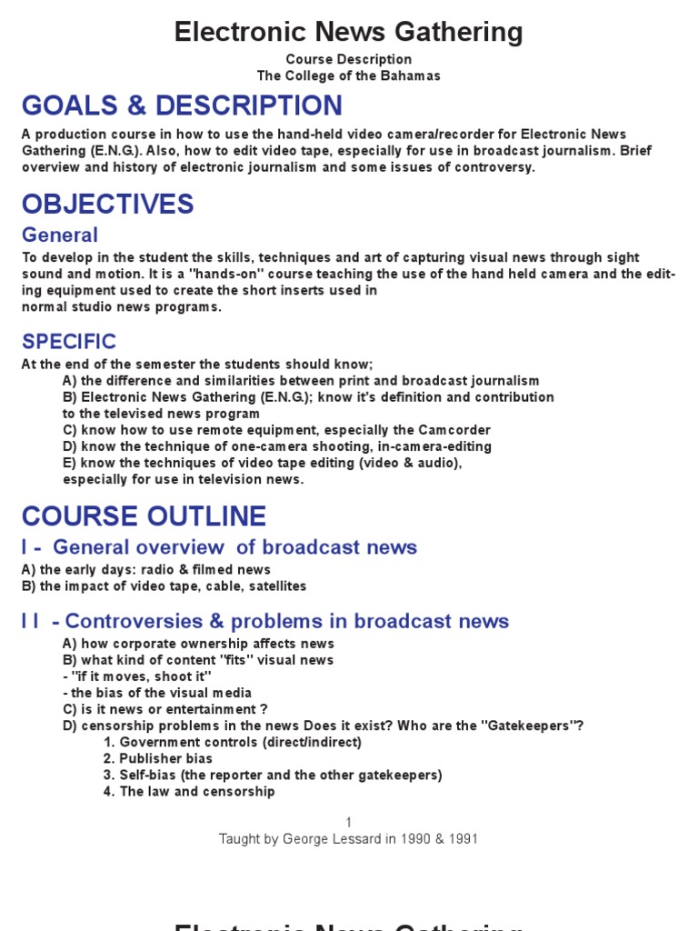 Electronic News Gathering Course Outline | PDF | Broadcast Journalism ...