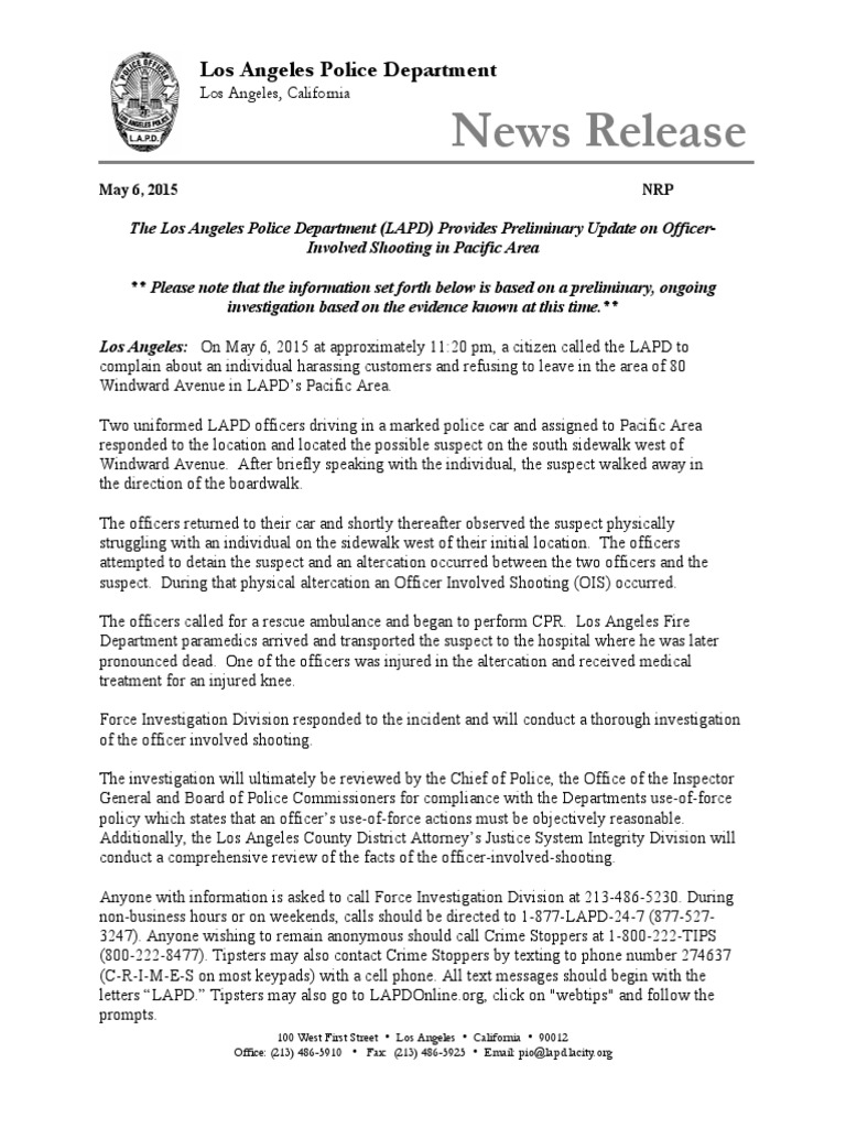 LAPD Statement On Venice Officer-Involved Shooting | PDF | Los Angeles ...