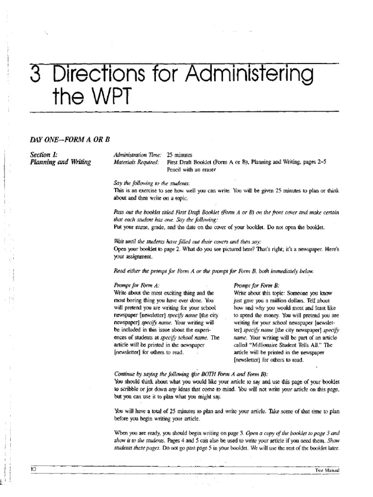 3 Directions For Administering The WPT: Day One-Form A or B Section 1 ...