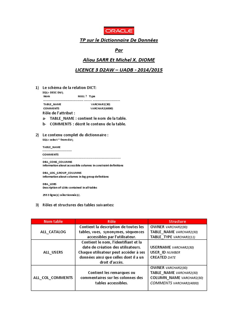 TP Sur Le Dictionnaire de Données ORACLE | PDF | Informatique ...