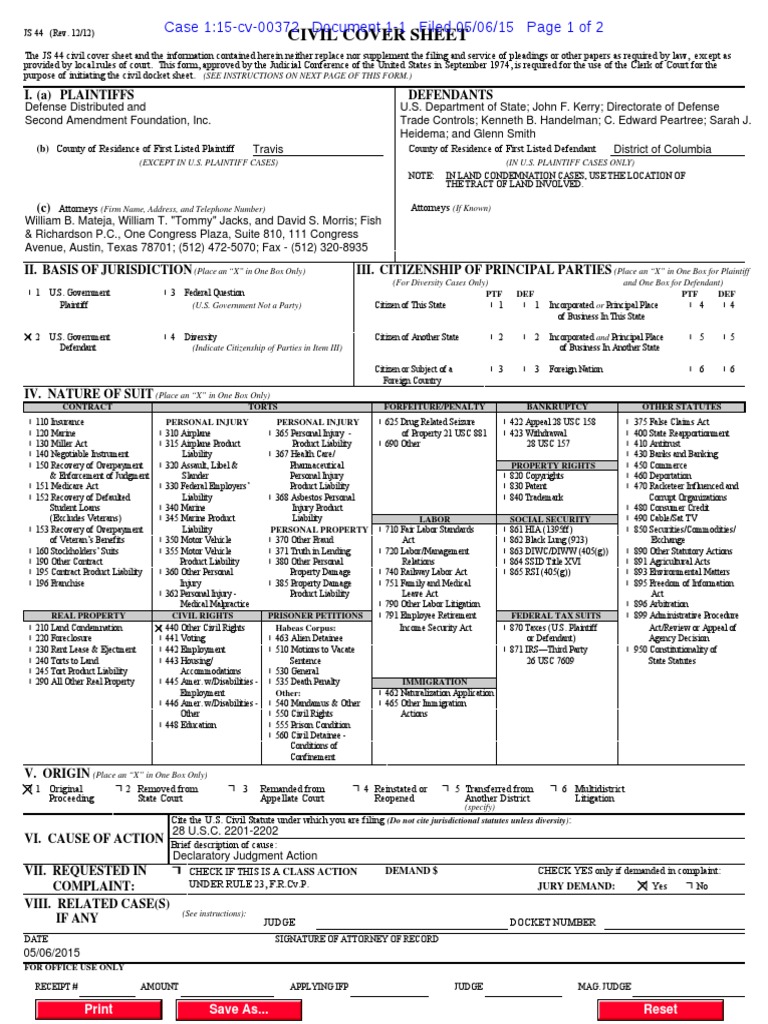 Defense Distributed v. U.S. Department of State - Civil Cover Sheet ...