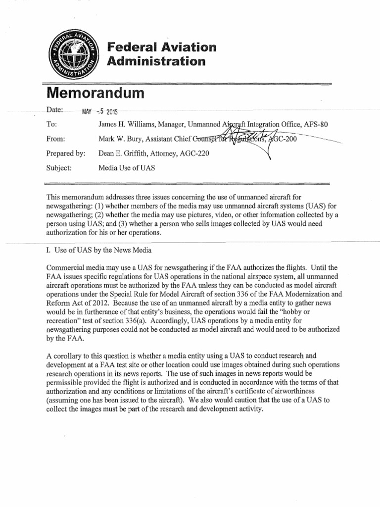 FAA Memo On Media Use of FAA | PDF | Unmanned Aerial Vehicle | Federal ...