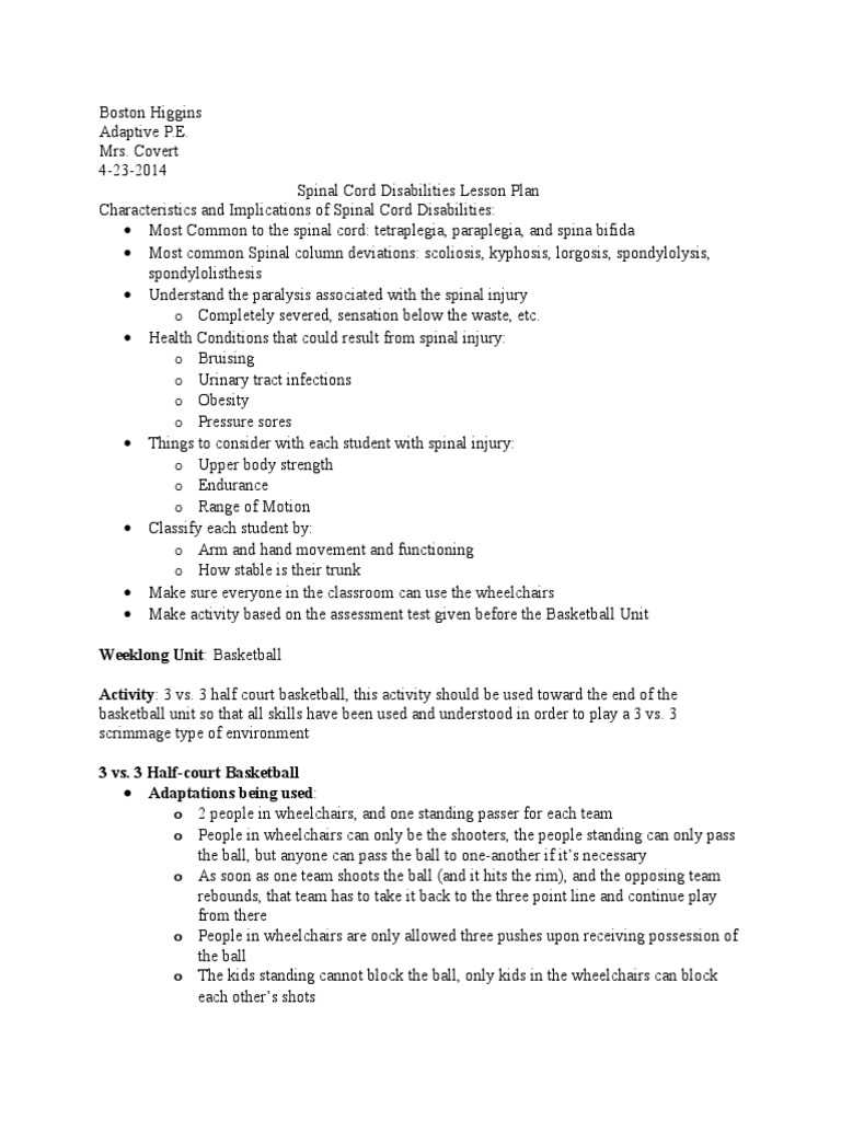 Adaptive Pe Lesson Plan | PDF | Spinal Cord Injury | Wheelchair
