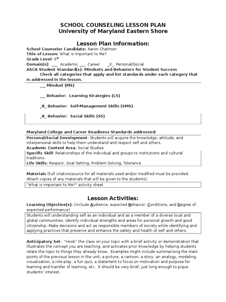 School Counseling Lesson Plan University of Maryland Eastern Shore Lesson Plan Information | PDF ...