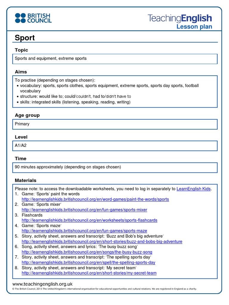 Lesson Plan Sport-2 | PDF | Lesson Plan | Vocabulary