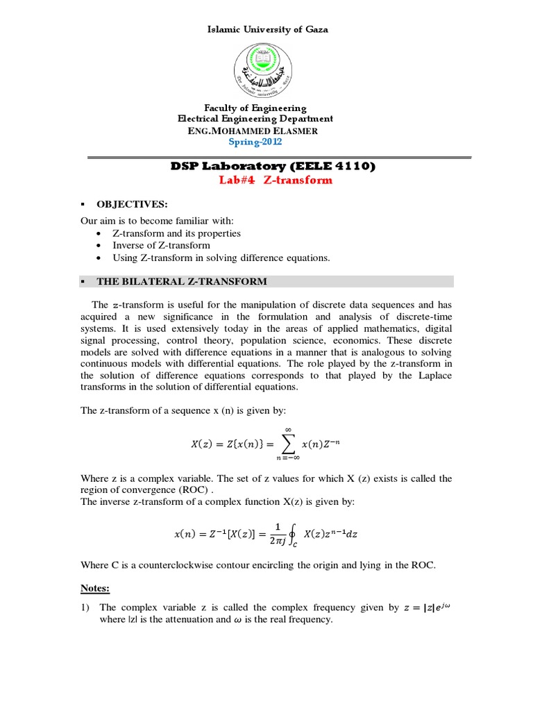 DSP Laboratory (EELE 4110) : Lab#4 Z-Transform | PDF | Mathematical Analysis | Mathematical Objects