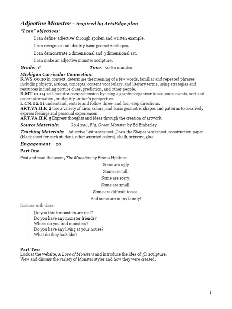 Adjective Monster Art Project | PDF | Reading Comprehension | Sculpture