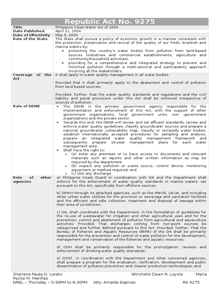 RA 9275 Handout | Clean Water Act | Water Resources