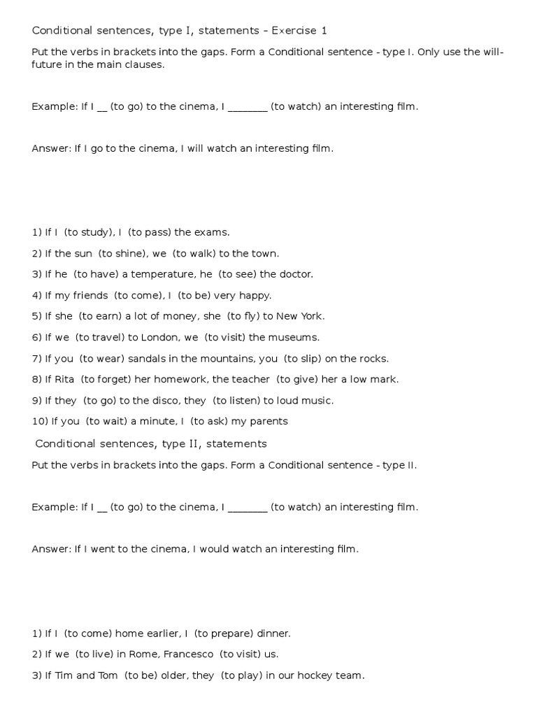 Conditional Sentences, Type I, Statements - Exercise 1 | PDF | Sentence ...